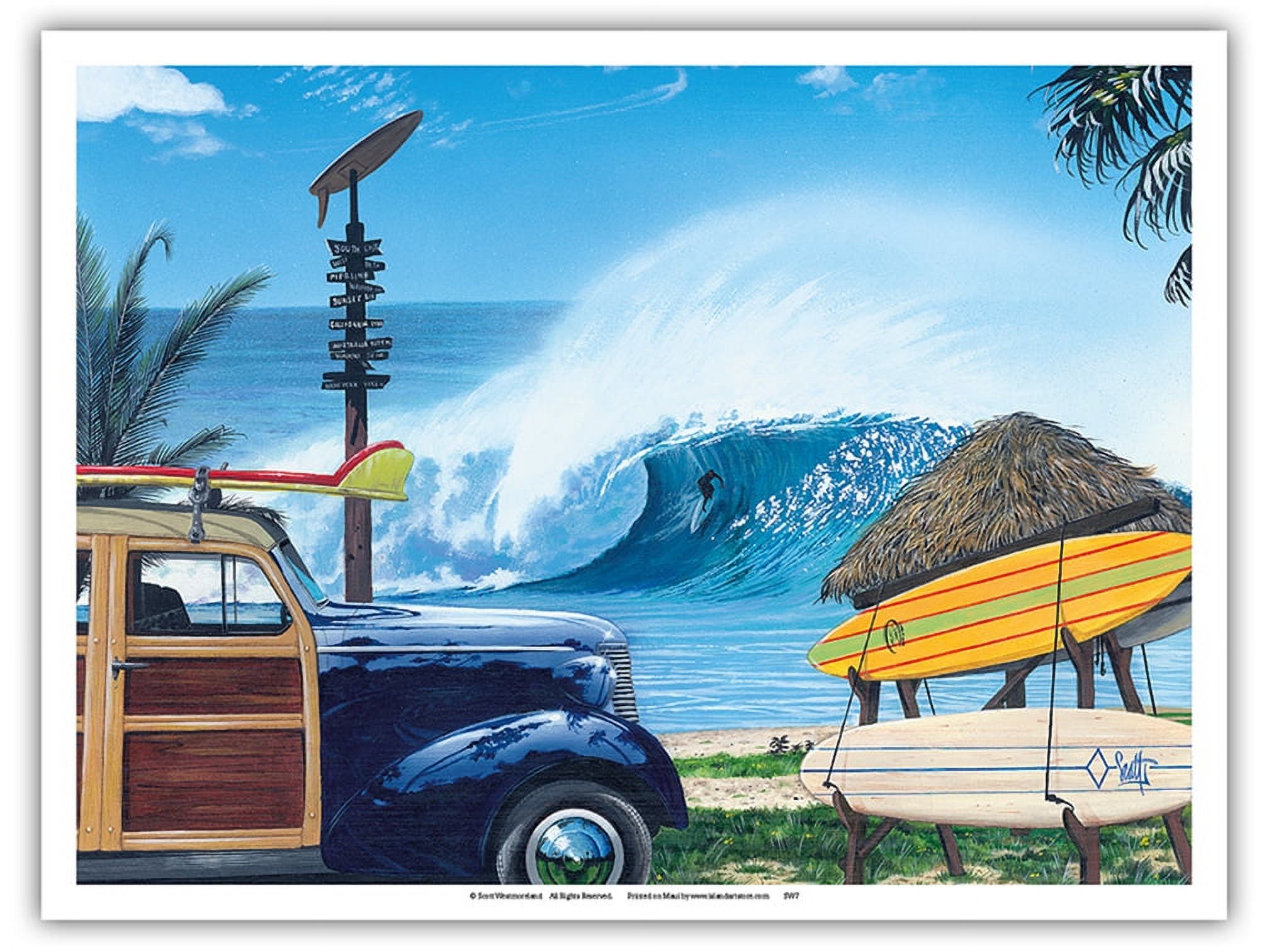 Break Time - Retro Woodie on Beach with Surfboards - Big Wave Surfer ...