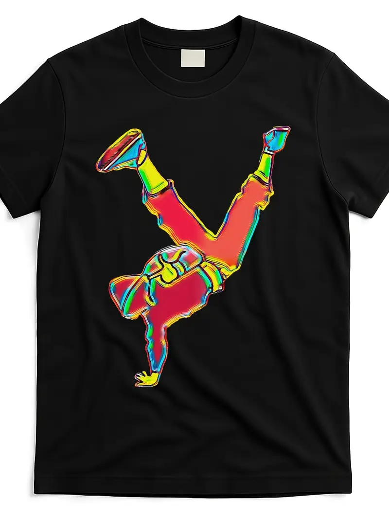 Breakdancer Graphic T-Shirt - Black Crew Neck Tee with Neon Breakdance ...