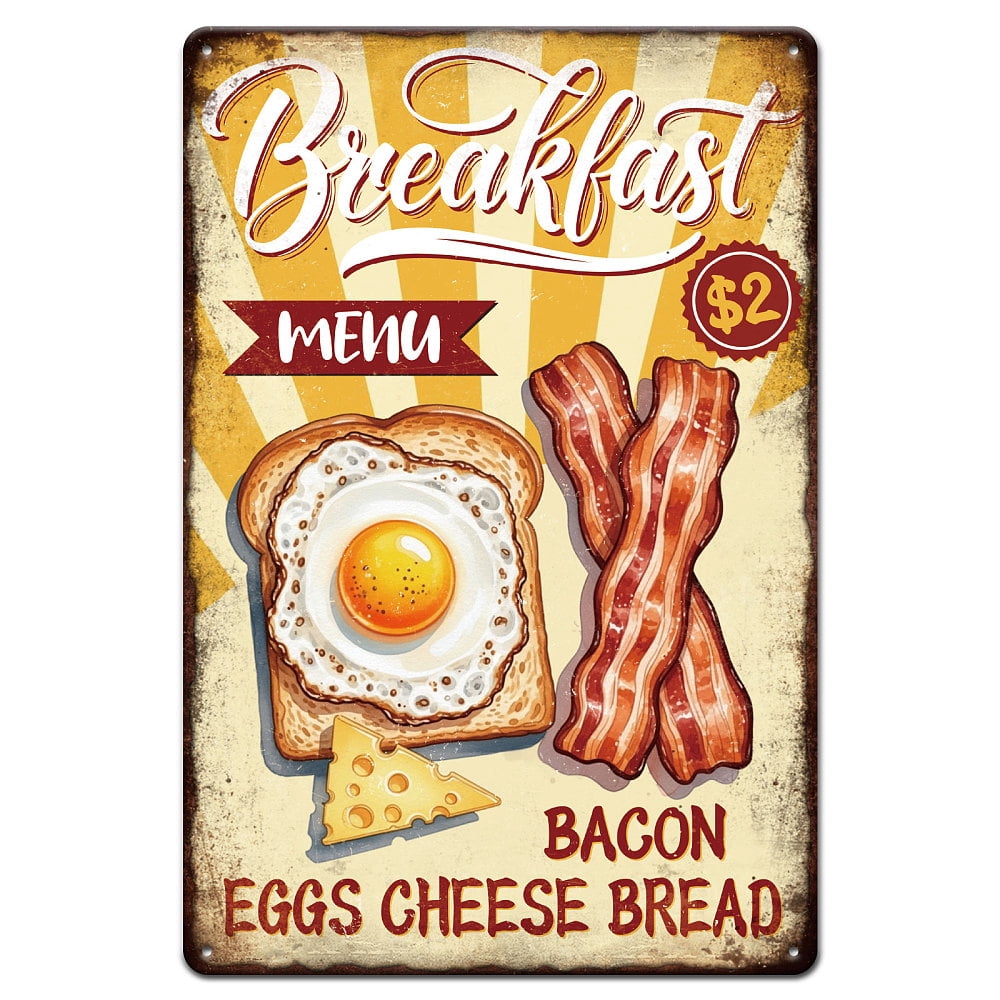 Breakfast Bacon Menu Metal Tin Sign 8x12in "Eggs Cheese Bread" Vintage ...