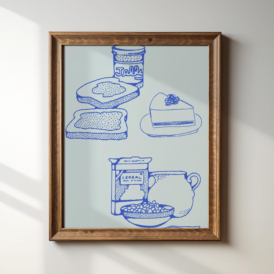 Breakfast In Blue Vertical Doodle Line Illustration Print, Art Print ...