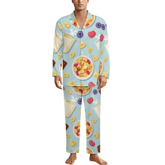 Breakfast Cereal Milk Pattern Pajama Set Autumn Soft Home Sleepwear Man ...