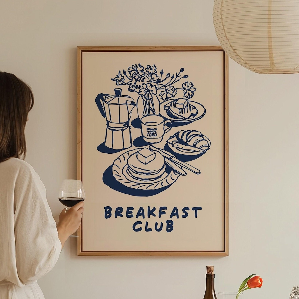 Breakfast Club Art Print, Modern Kitchen Indigo Blue Wall Decor ...