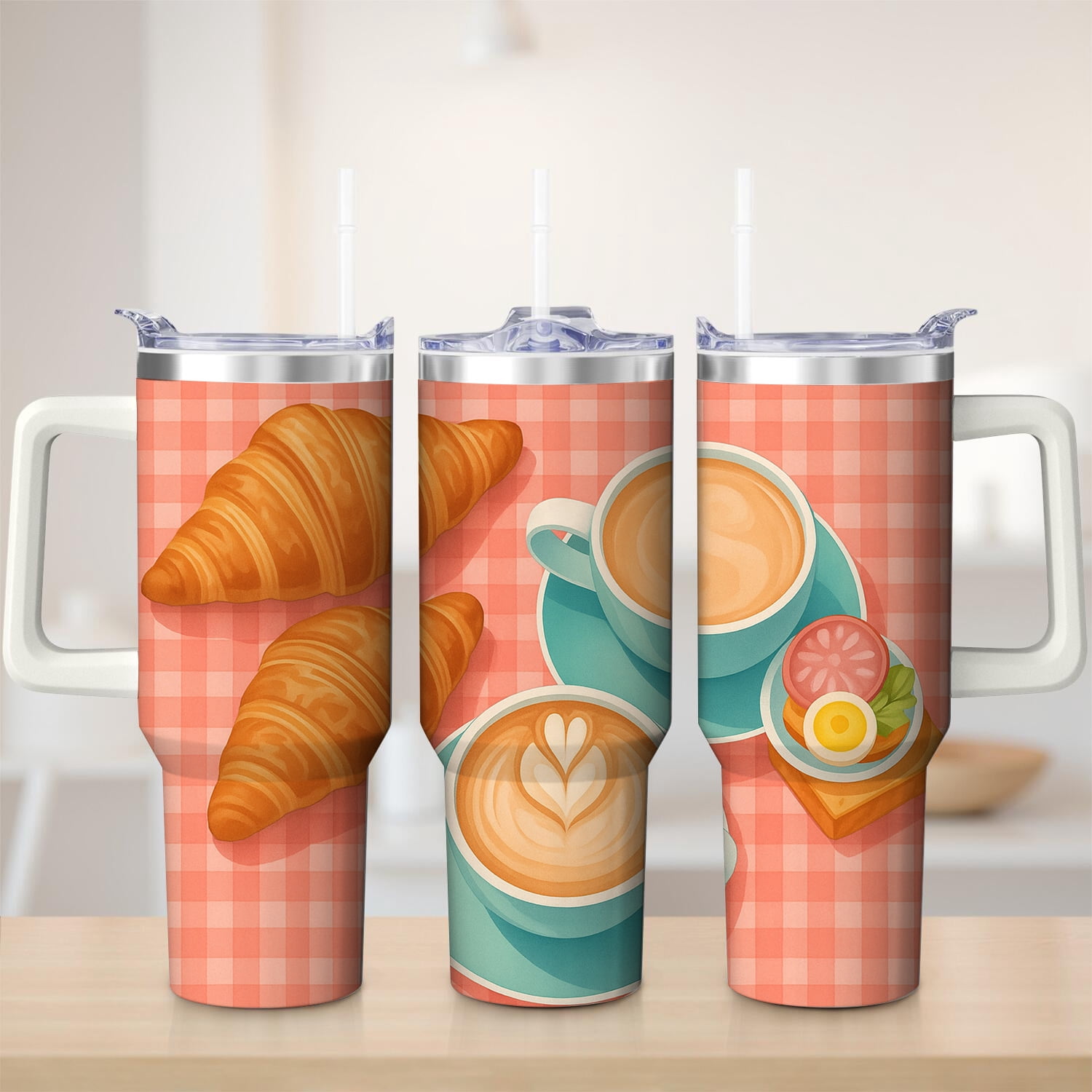 Breakfast Croissant and Coffee Stainless Steel Insulated Mug with Lid ...
