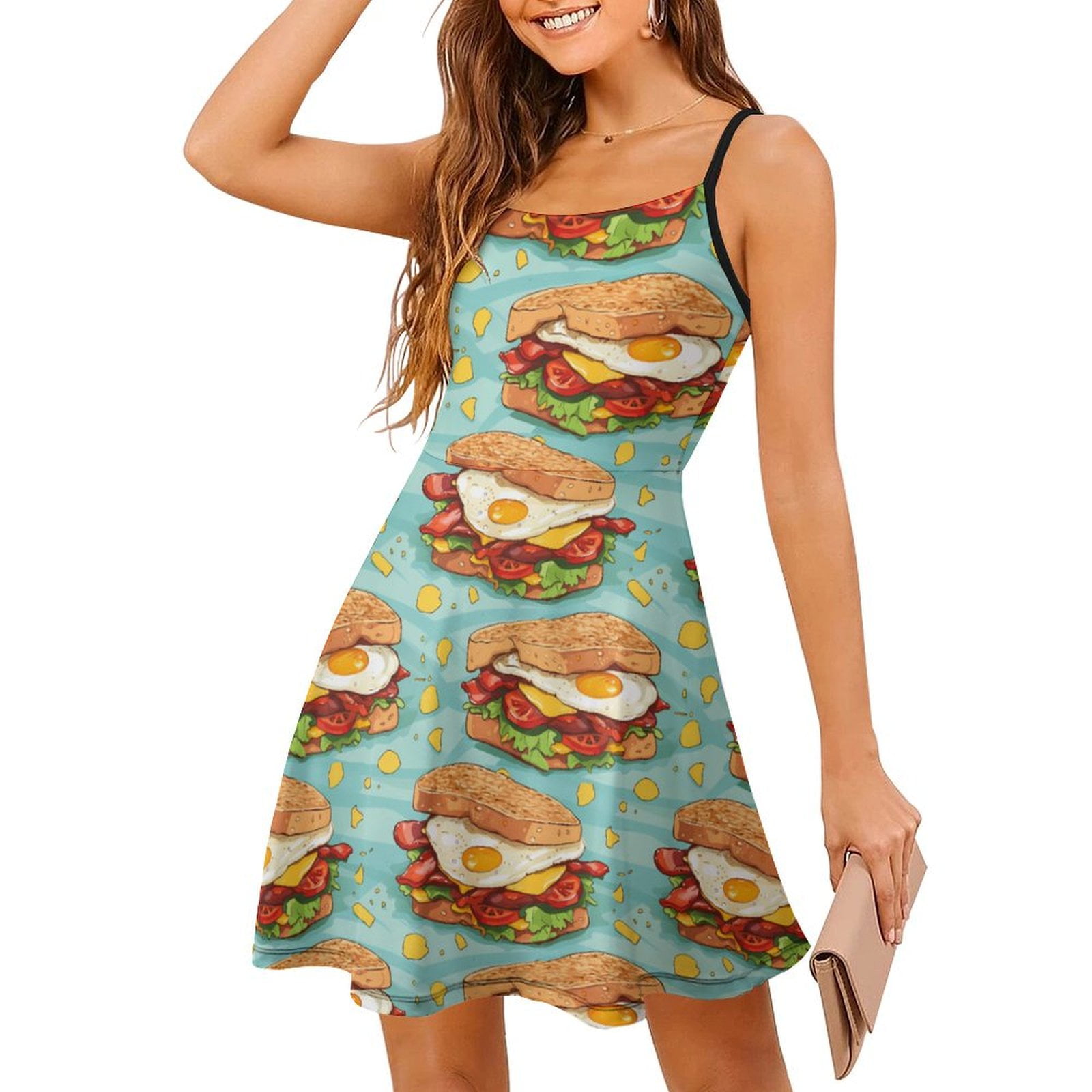 Breakfast Food Sandwich Womens Spaghetti Strap Summer Dresses Mini ...