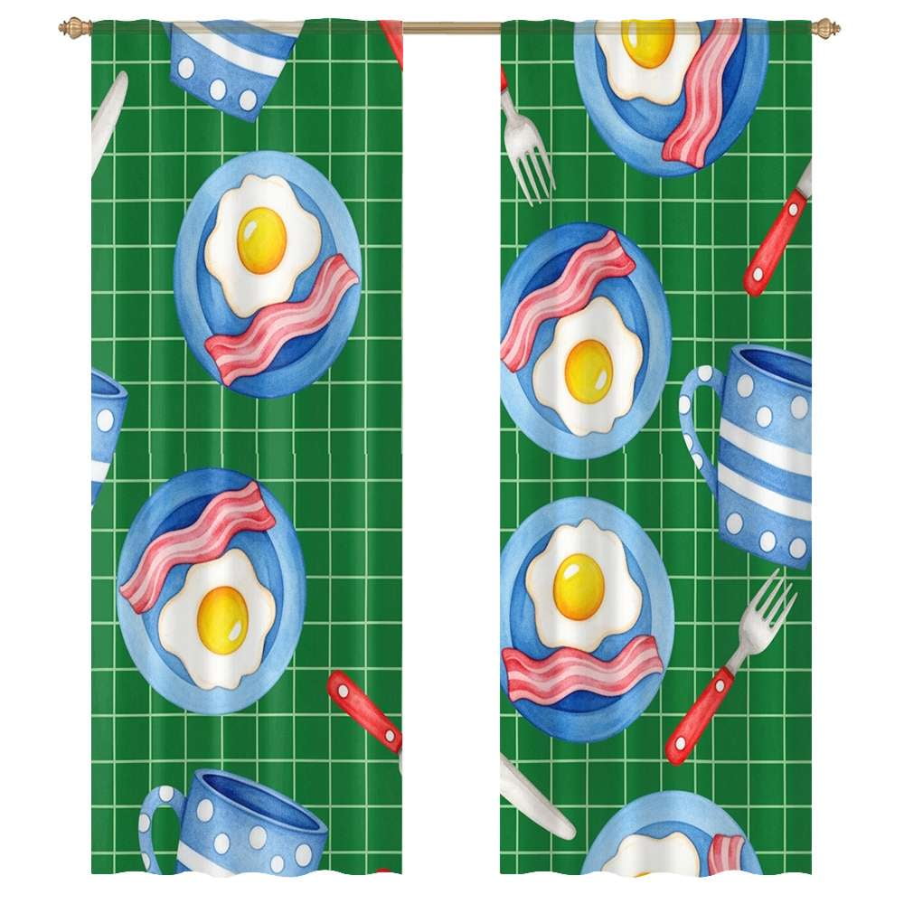 Breakfast Pattern Eggs Bacon Mugs Tulle Curtains For Living Room ...
