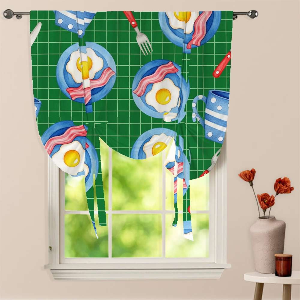 Breakfast Pattern Eggs Bacon Mugs Window Curtain for Living Room Roman ...