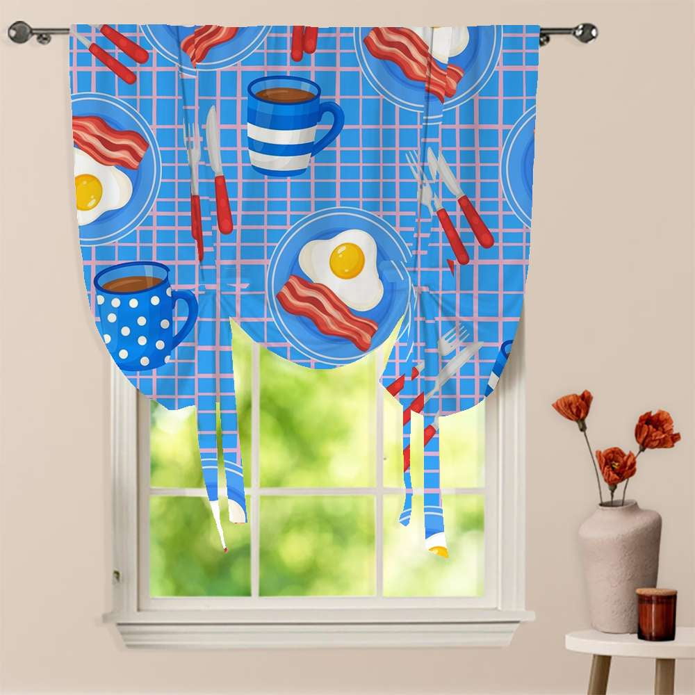 Breakfast Plates Coffee Mugs Cutlery Pattern Window Curtain for Living ...