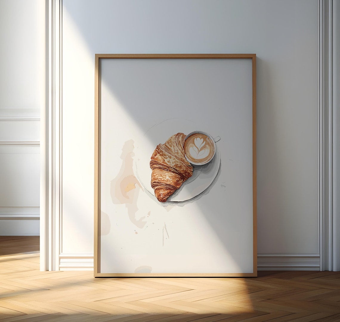 Breakfast Retro Print, Croissant And Coffee Poster, Breakfast Wall Art ...