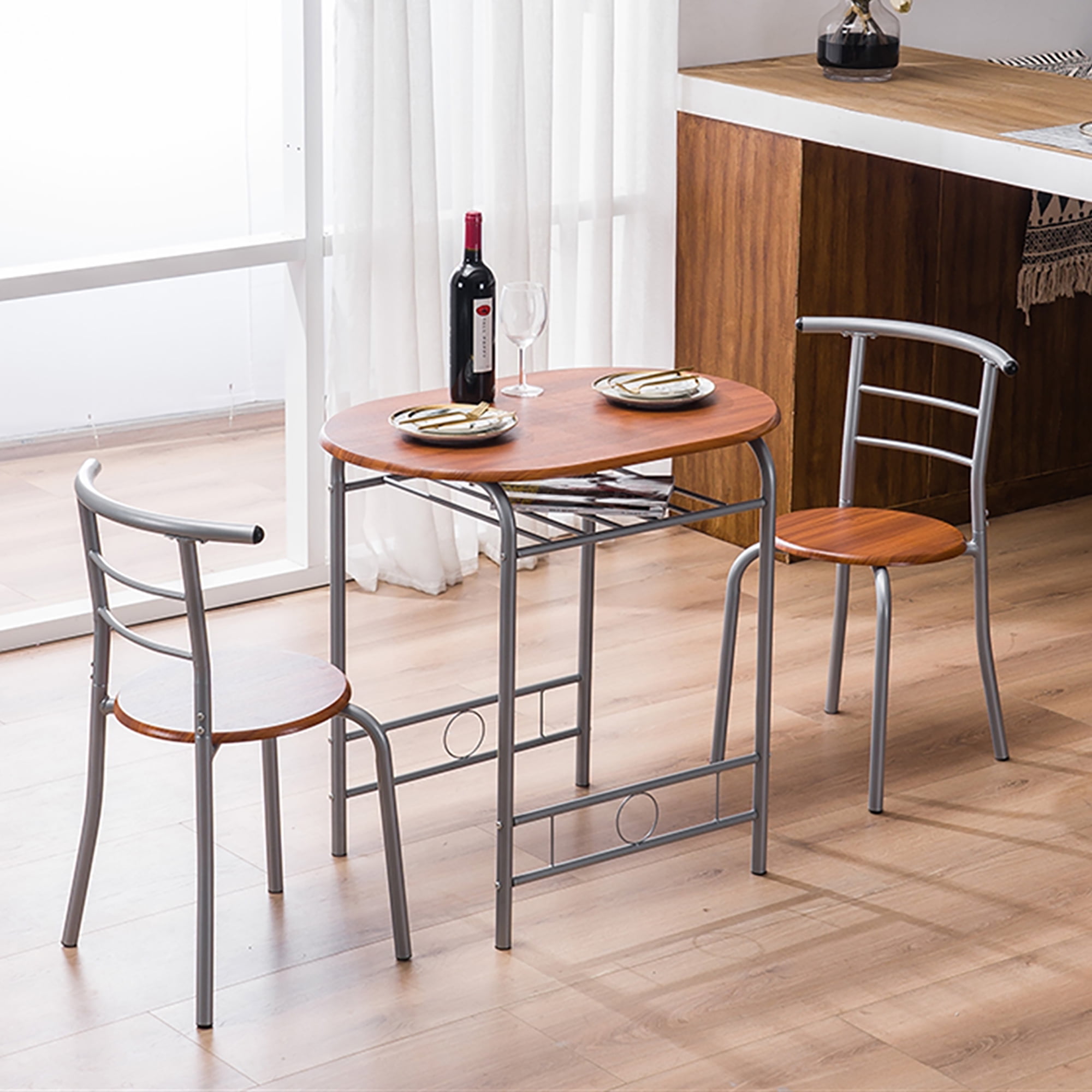 Modern Breakfast Table Set for 2, Wood Top, Round Bistro Table, Brown ...