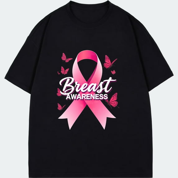 Breast Awareness T Shirt Black Pink Ribbon And Butterflies Design For ...
