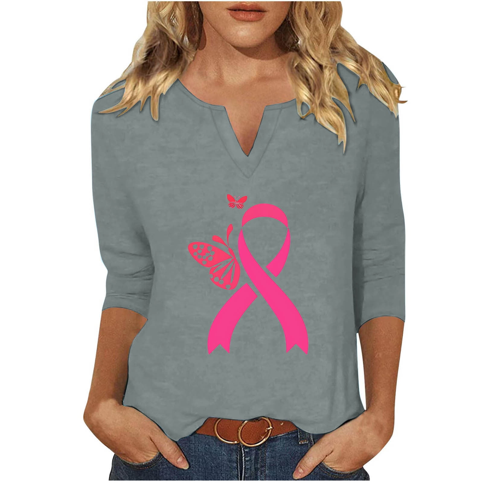 Breast Cancer Awareness 3/4 Sleeve Tops for Women Pink Ribbon Heart ...