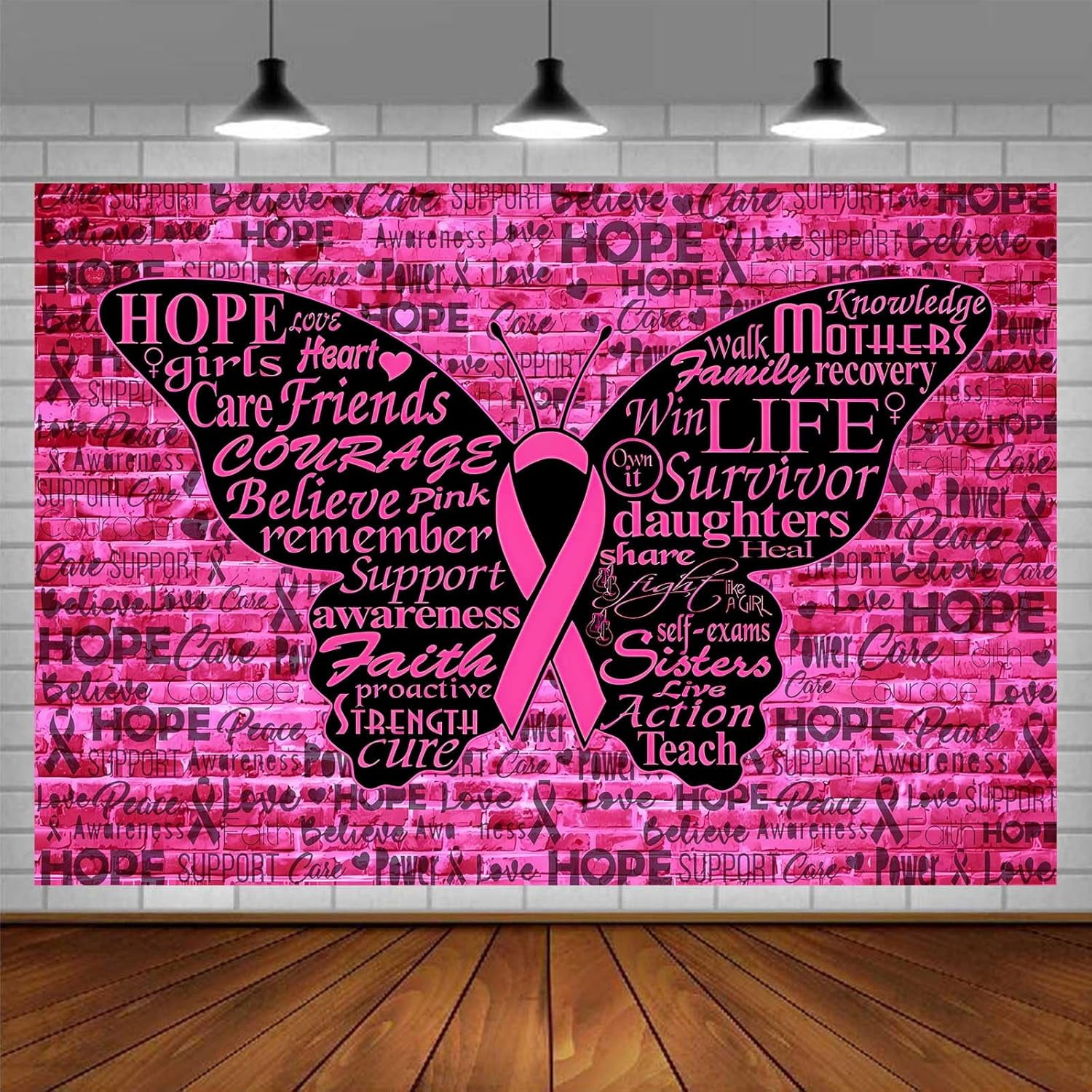 Breast Cancer Awareness Backdrop, 5x3ft, Pink Ribbon Butterfly Shapes ...