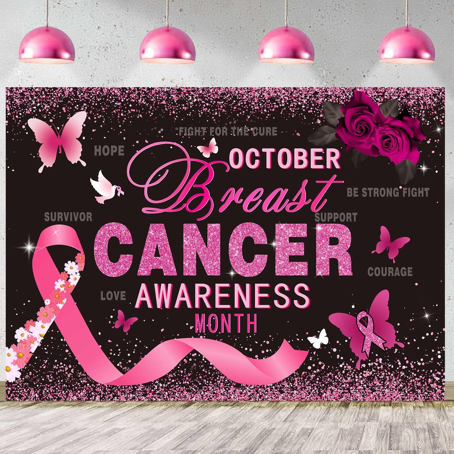 Breast Cancer Awareness Backdrop Pink Ribbon Love Hope Support Courage ...