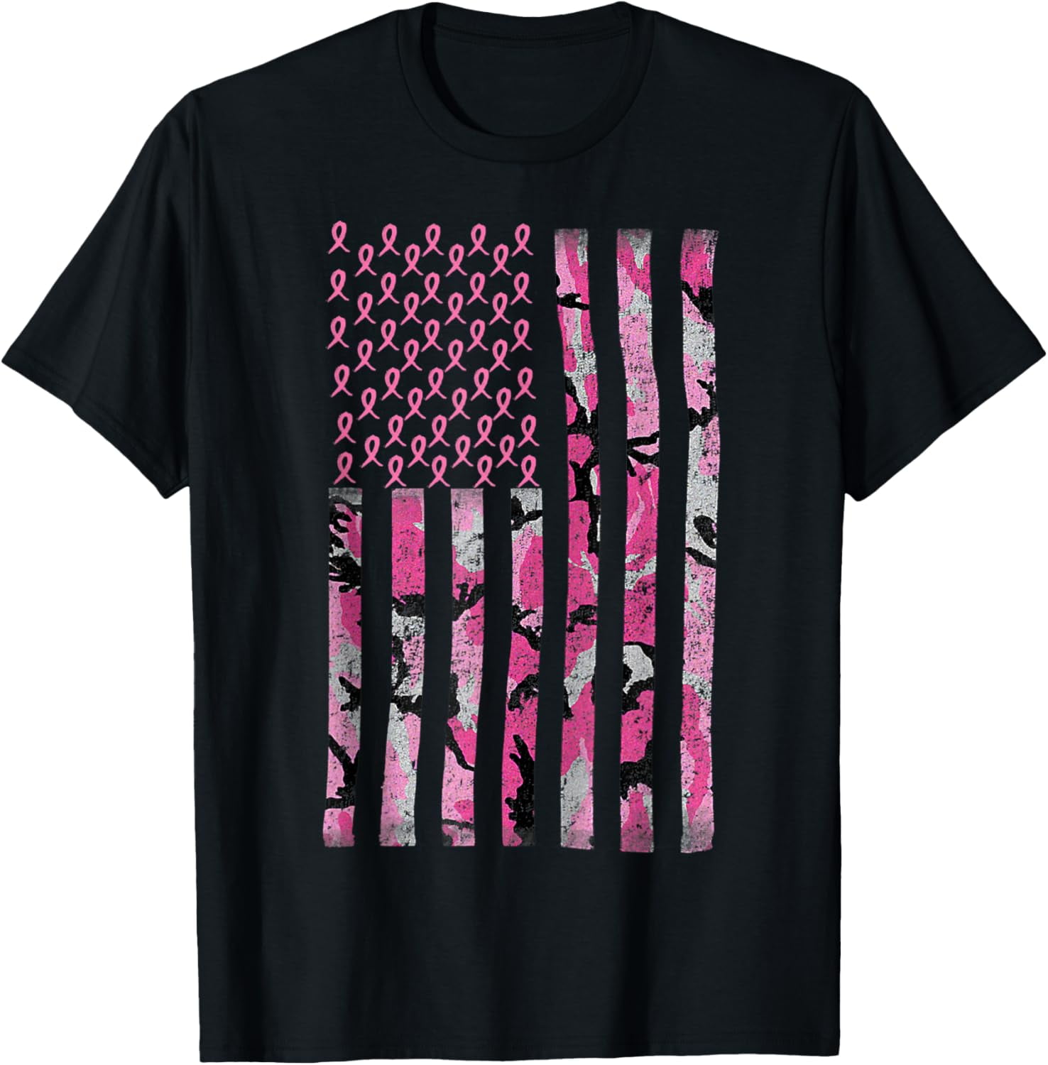 Breast Cancer Awareness Camo Pink Ribbon American Flag T-Shirt ...