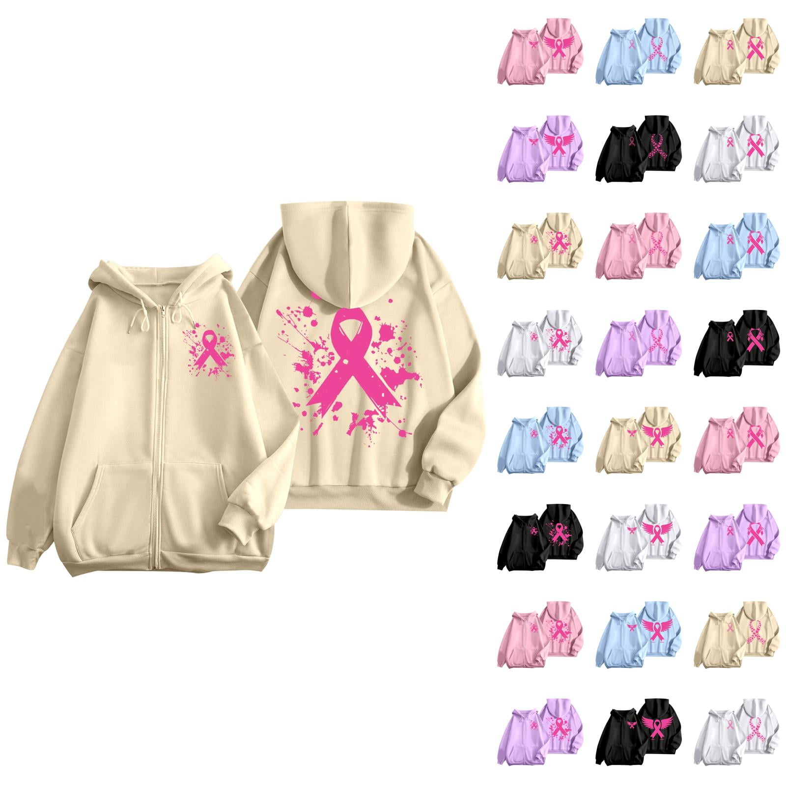 Breast Cancer Awareness Hoodies for Women 2025 Pink Ribbon Graphic Zip ...