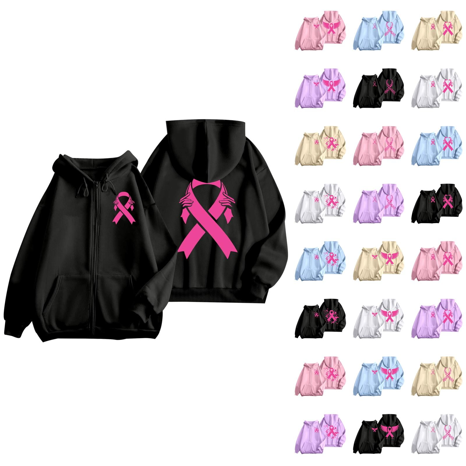 Breast Cancer Awareness Hoodies for Women 2025 Pink Ribbon Graphic Zip ...