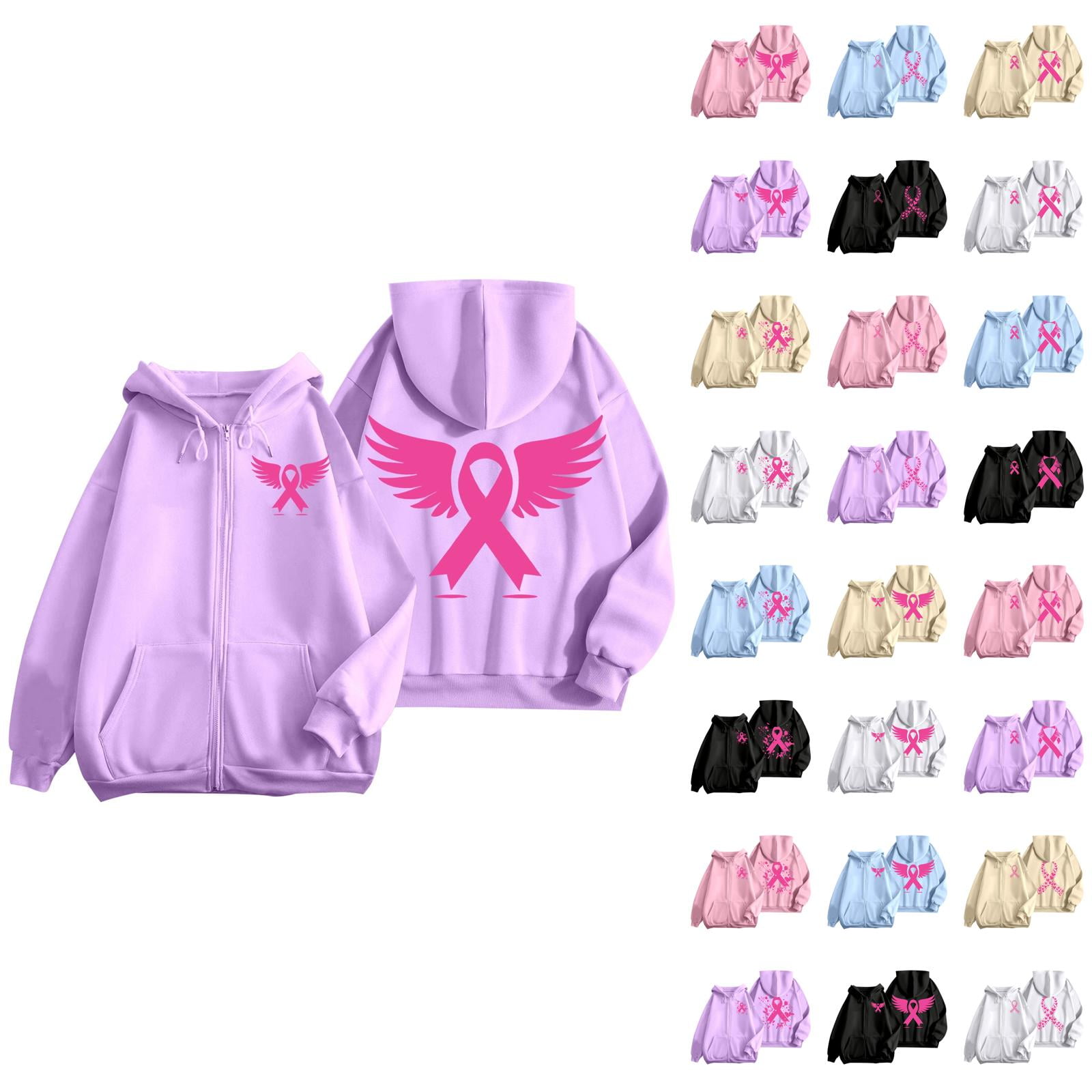 Breast Cancer Awareness Hoodies for Women 2025 Pink Ribbon Graphic Zip ...