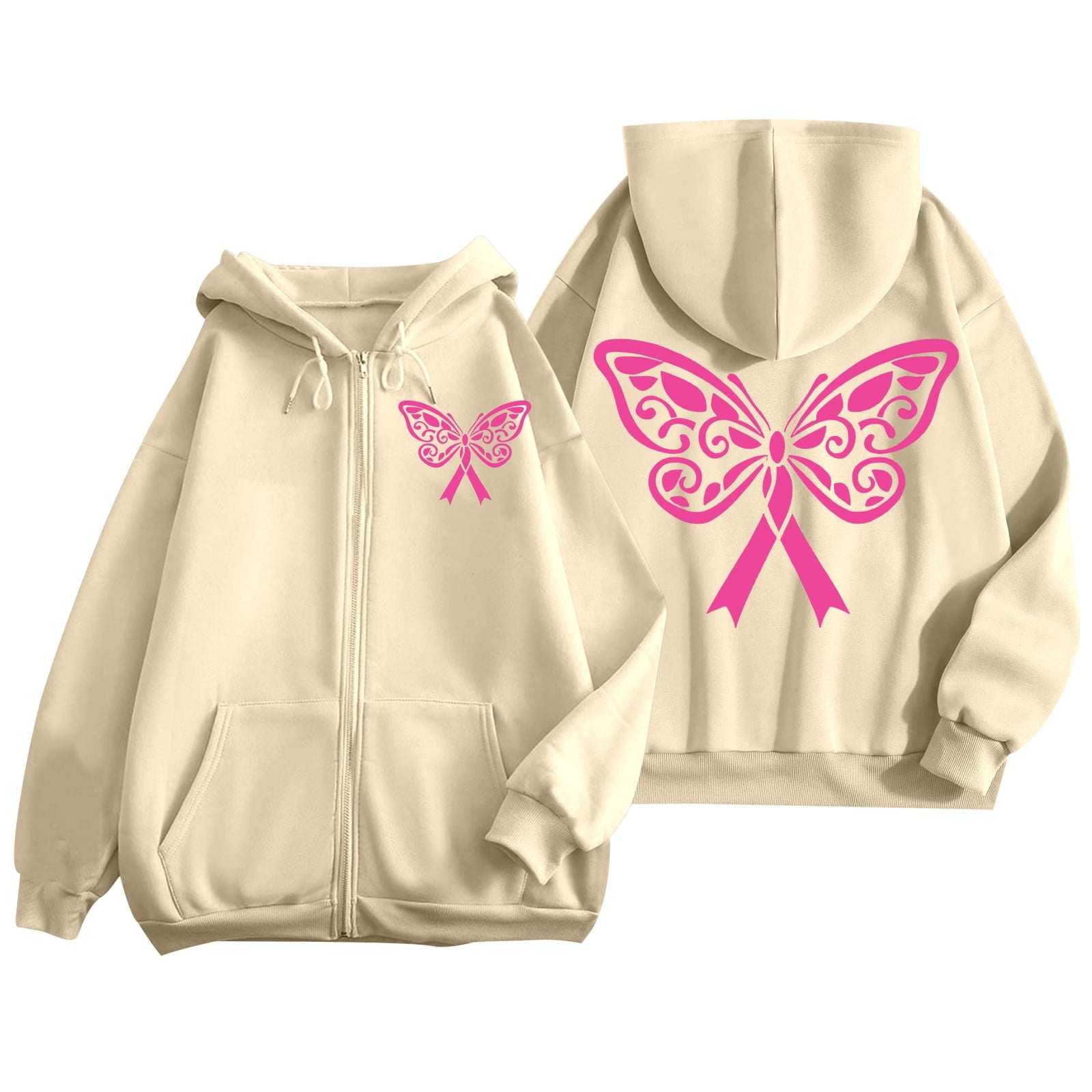 Breast Cancer Awareness Hoodies for Women 2025 Pink Ribbon Graphic Zip Up Hooded Sweatshirt with ...