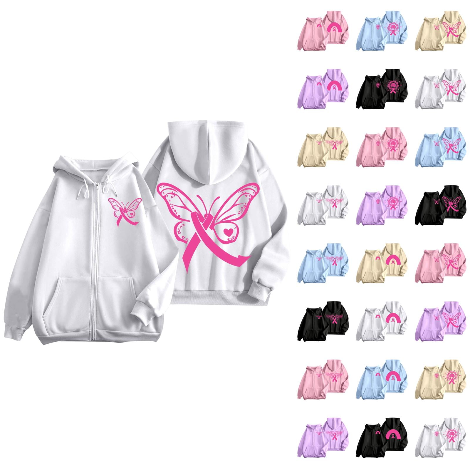 Breast Cancer Awareness Hoodies for Women 2025 Pink Ribbon Zip Up ...