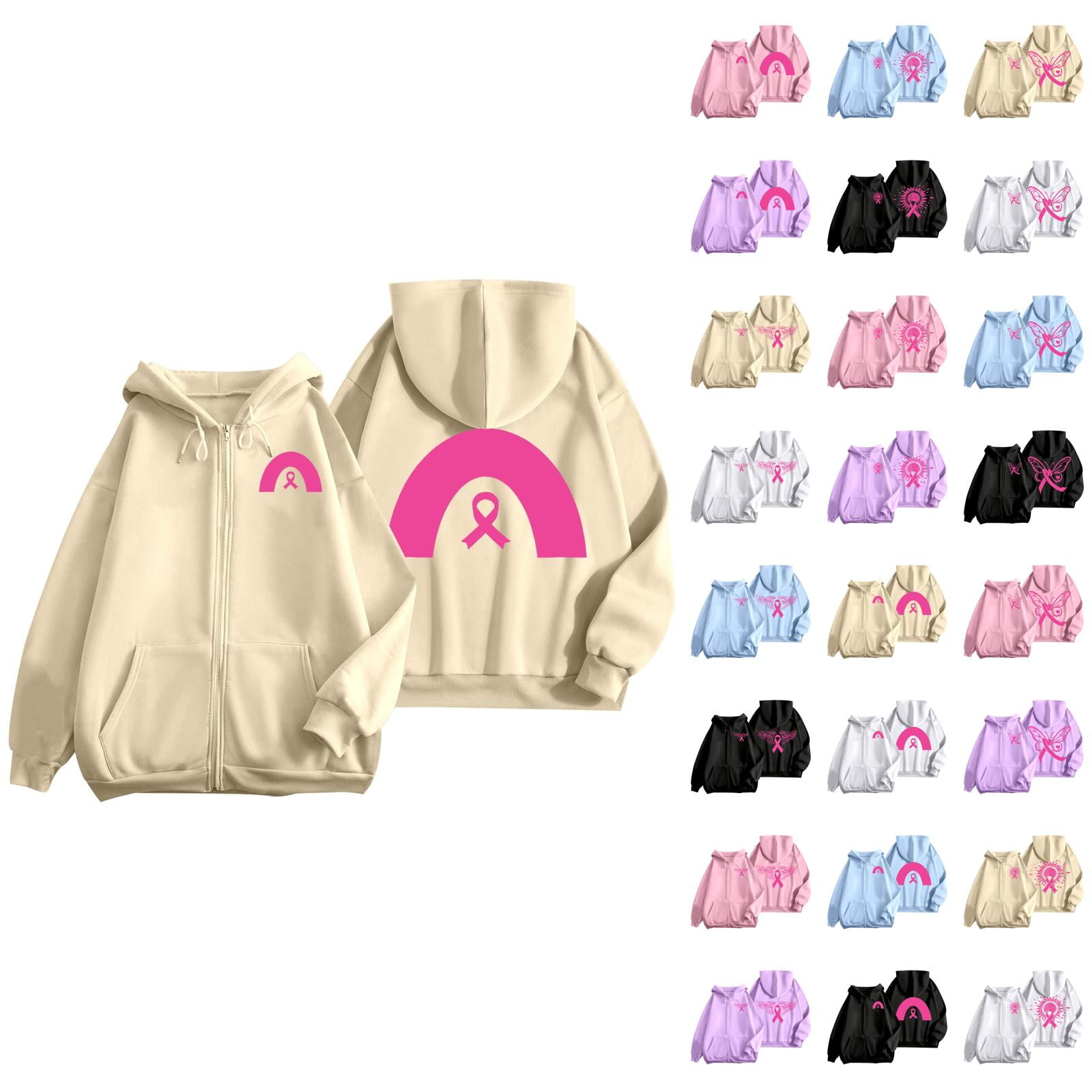 Breast Cancer Awareness Hoodies for Women 2025 Pink Ribbon Zip Up ...