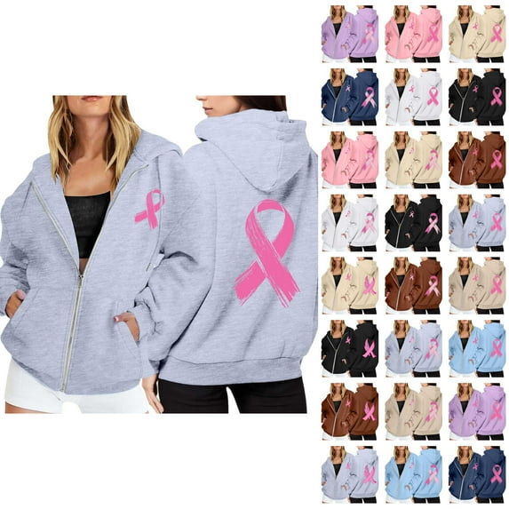 Breast Cancer Awareness Hoodies for Women 2025 Zip Up Long Sleeve ...