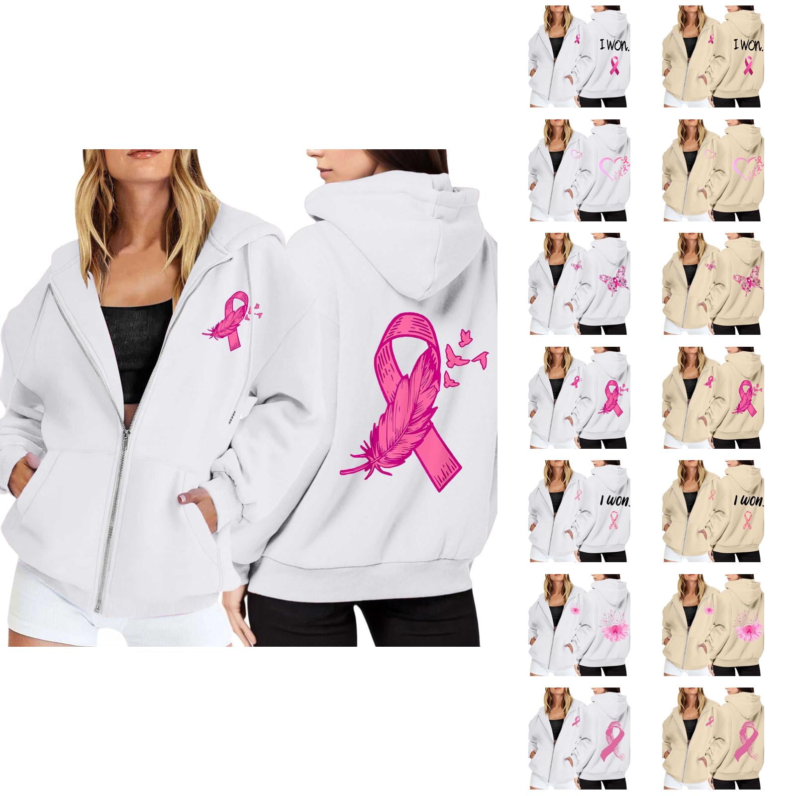 Breast Cancer Awareness Hoodies for Women Fall Winter Long Sleeve Zip ...