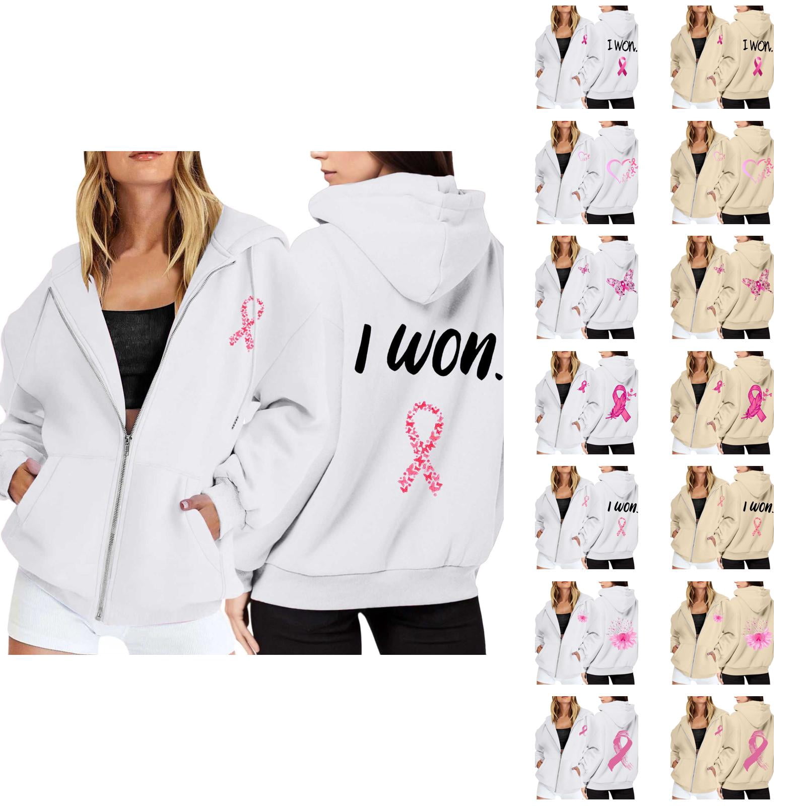 Breast Cancer Awareness Hoodies for Women Fall Winter Long Sleeve Zip ...