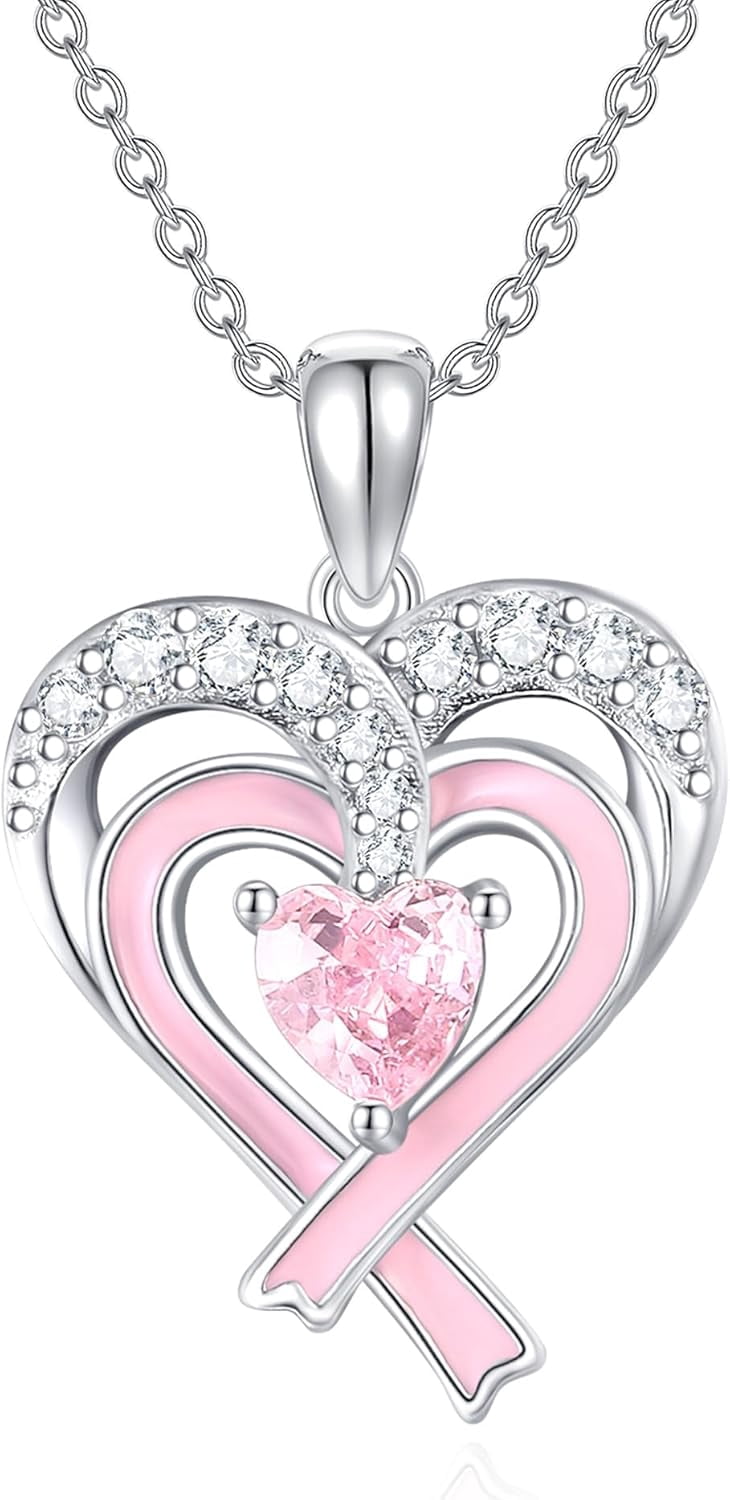 Breast Cancer Awareness Necklace 925 Sterling Silver Heart Pink Ribbon ...