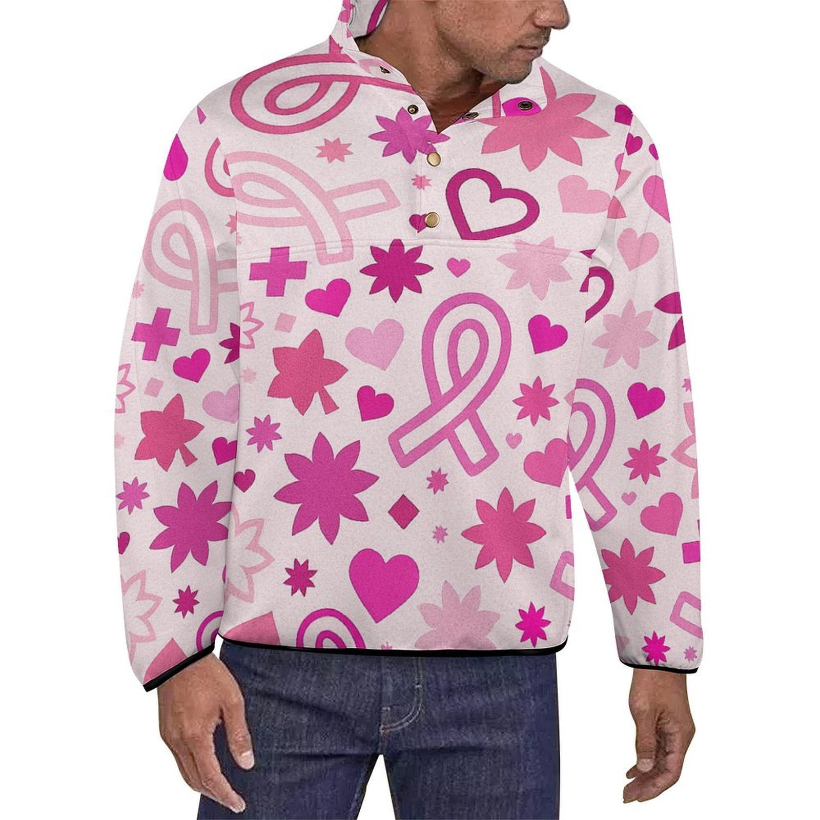 Breast Cancer Awareness Pink Ribbon Men's Stand Collar Sweater Long ...