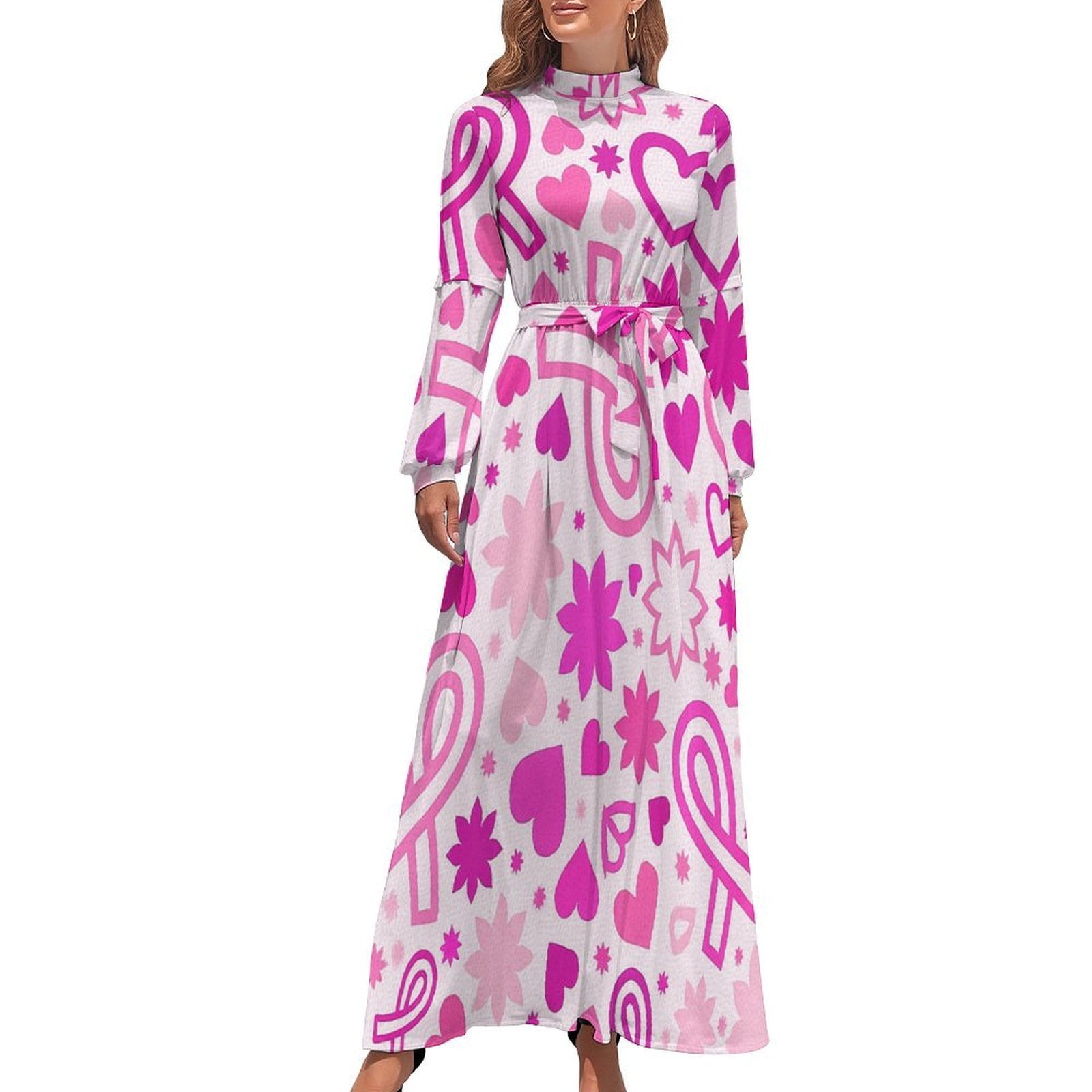Breast Cancer Awareness Pink Ribbon Women's Long Dress Long Sleeves ...