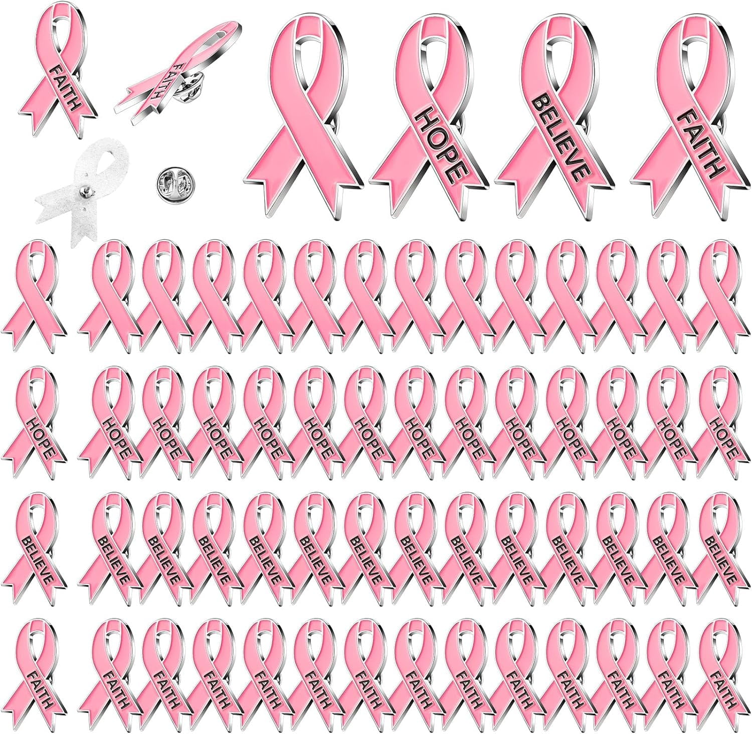 Breast Cancer Awareness Ribbon Pins with Hope Believe Faith Enamel ...