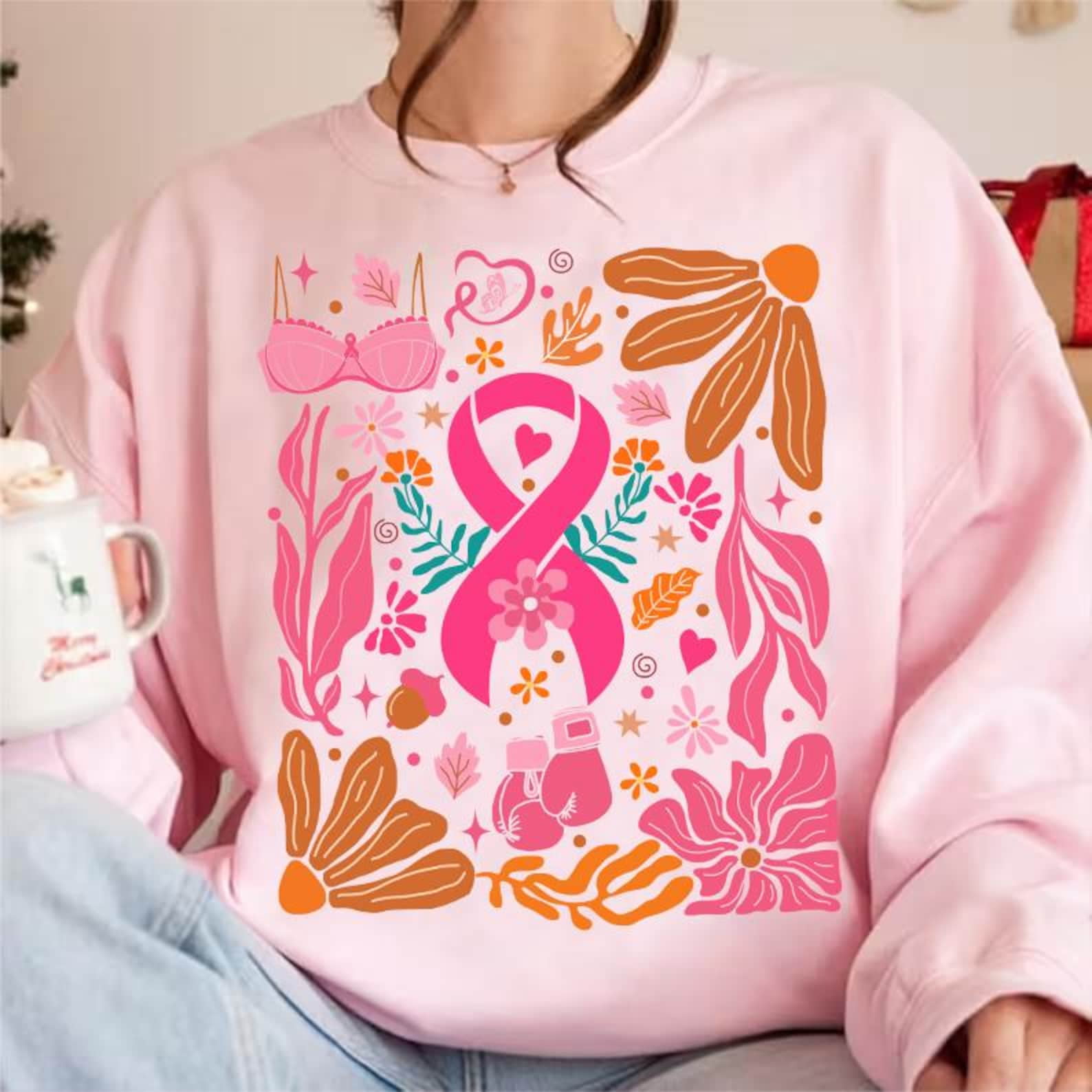Breast Cancer Awareness Sweatshirt, Boho Floral Pink Ribbon Shirt, In ...