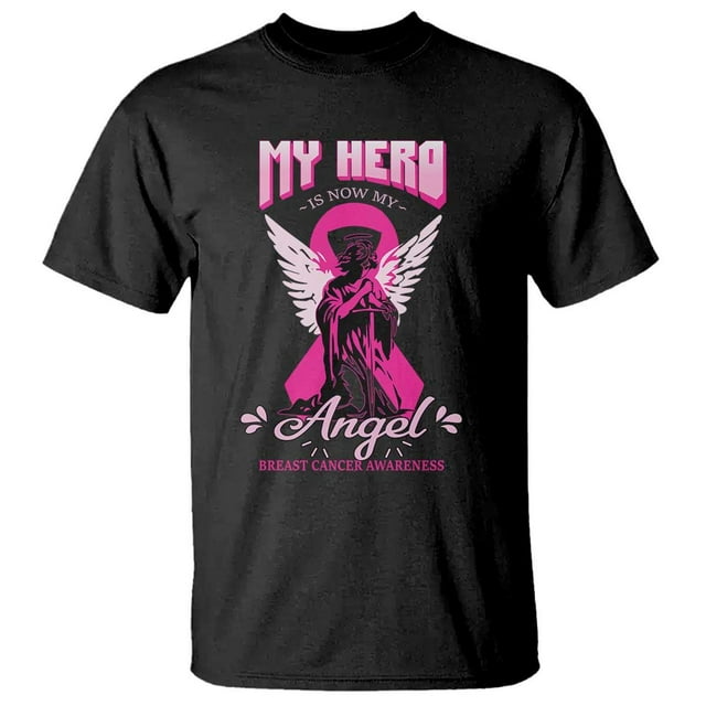 Breast Cancer Awareness T Shirt My Hero Is Now My Angel Pink Ribbon