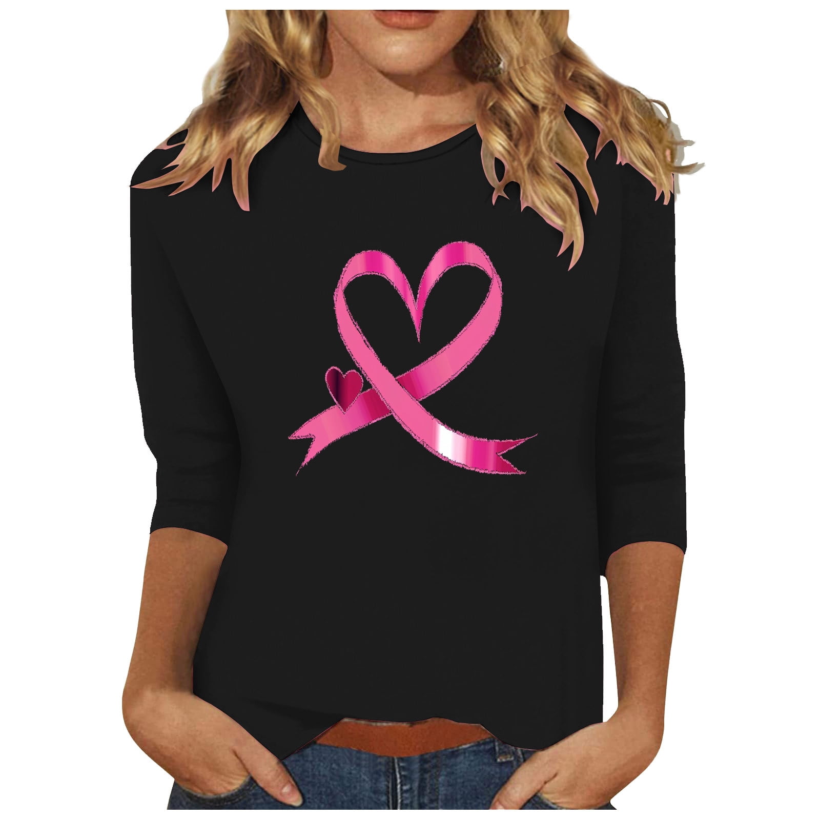 Breast Cancer Awareness Tops for Women Cute 3/4 Sleeve Pink Ribbon ...