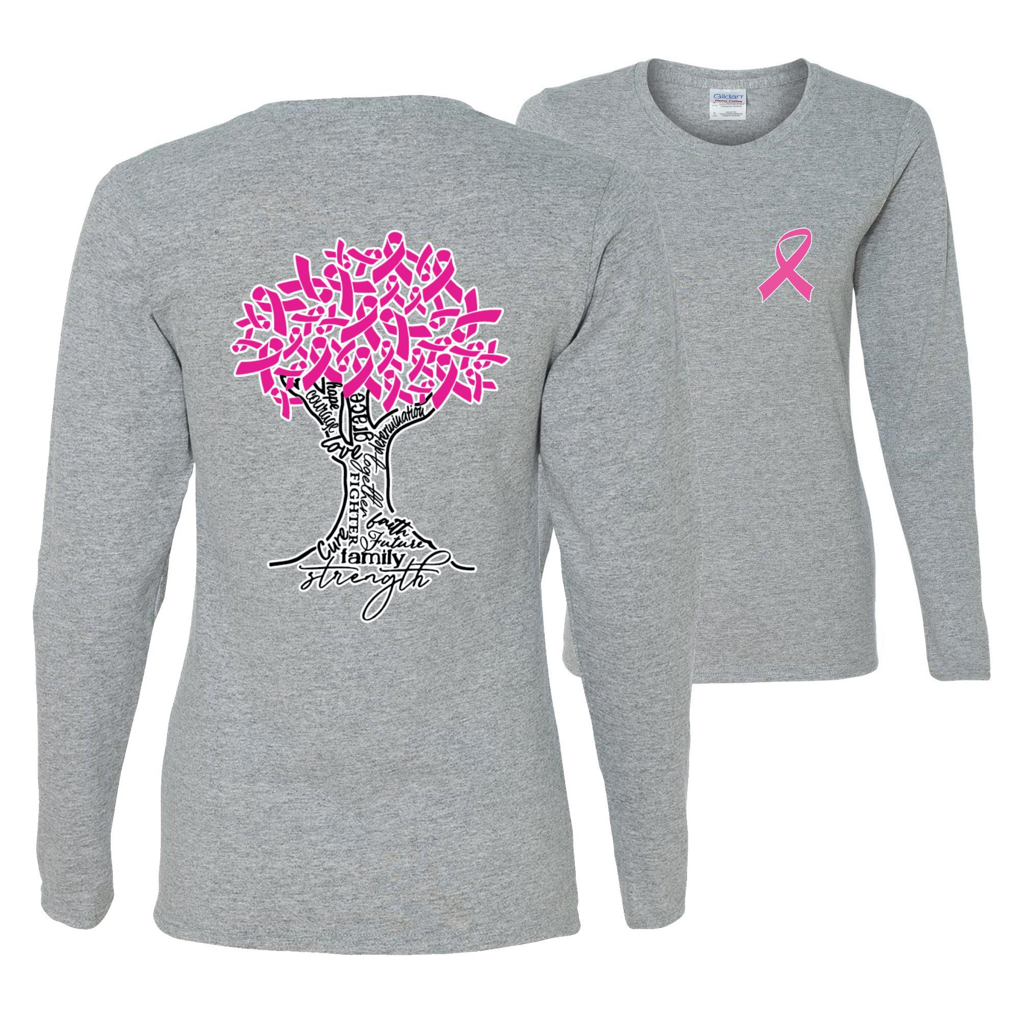 Breast Cancer Awareness Tree Family Pink Ribbon FRONT AND BACK Womens ...