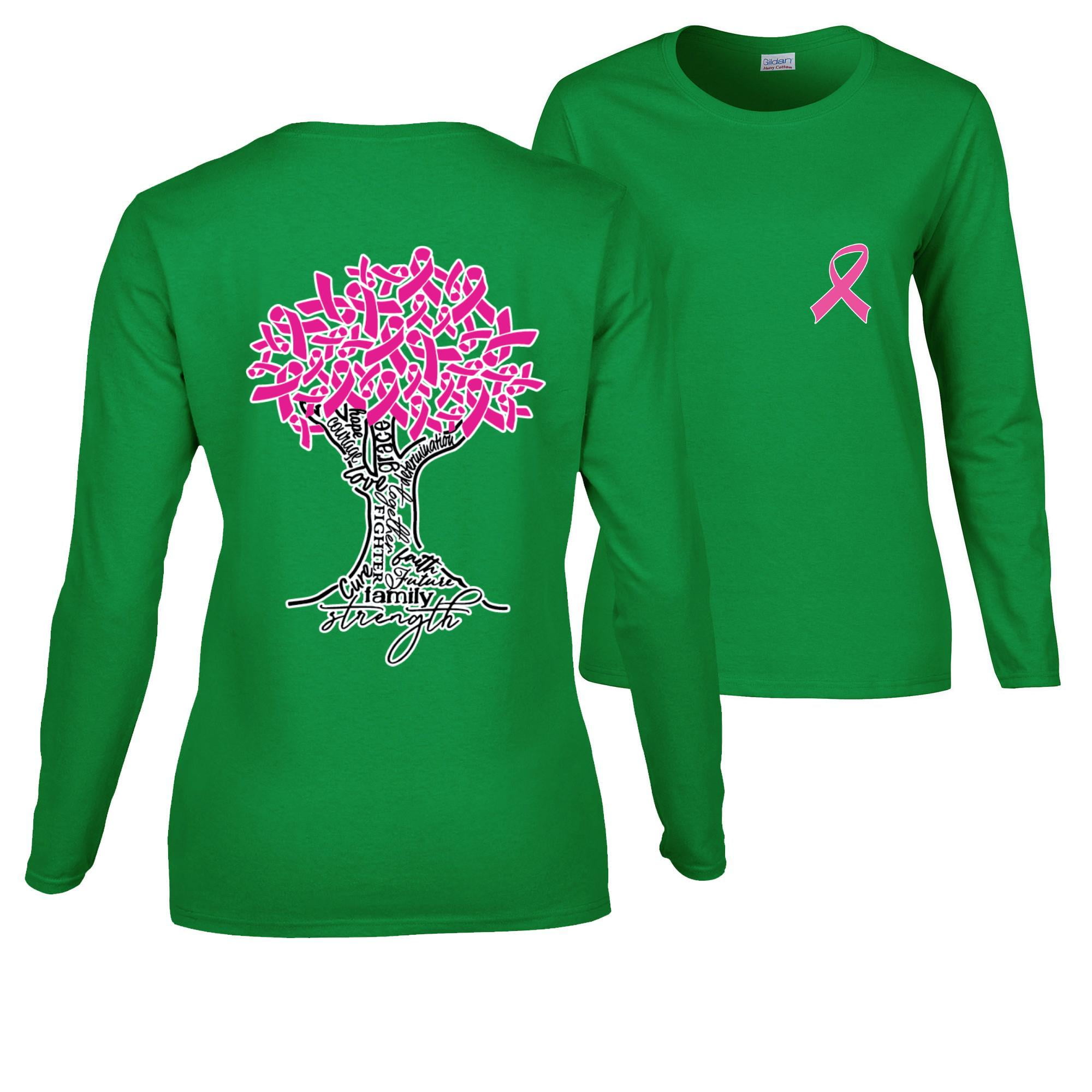 Breast Cancer Awareness Tree Family Pink Ribbon FRONT AND BACK Womens ...