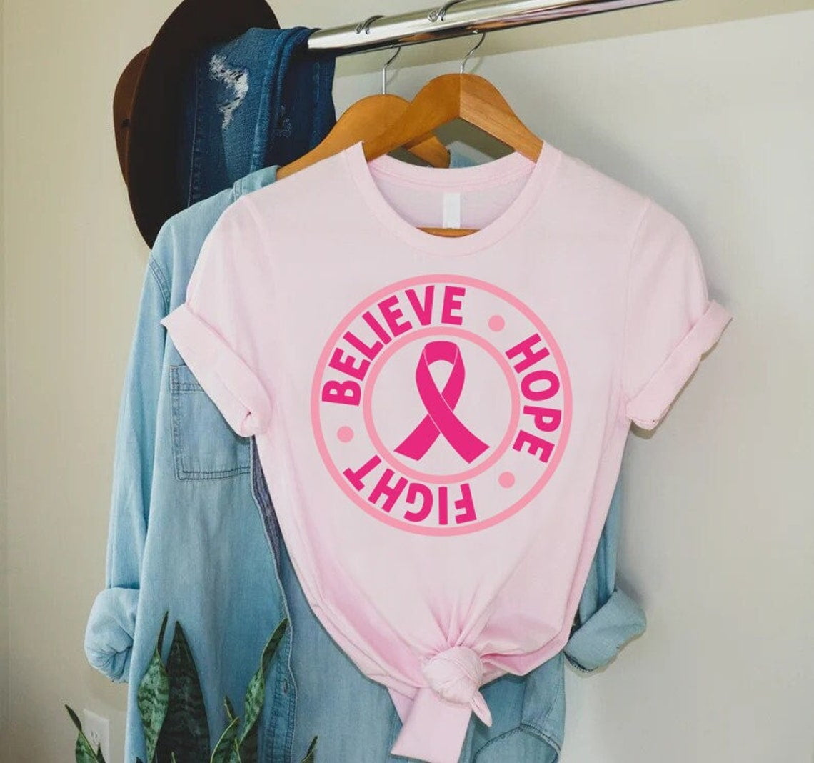 Breast Cancer Believe Hope Fight Tee, Motivational Cancer Support Tee, Breast Cancer Fighter ...