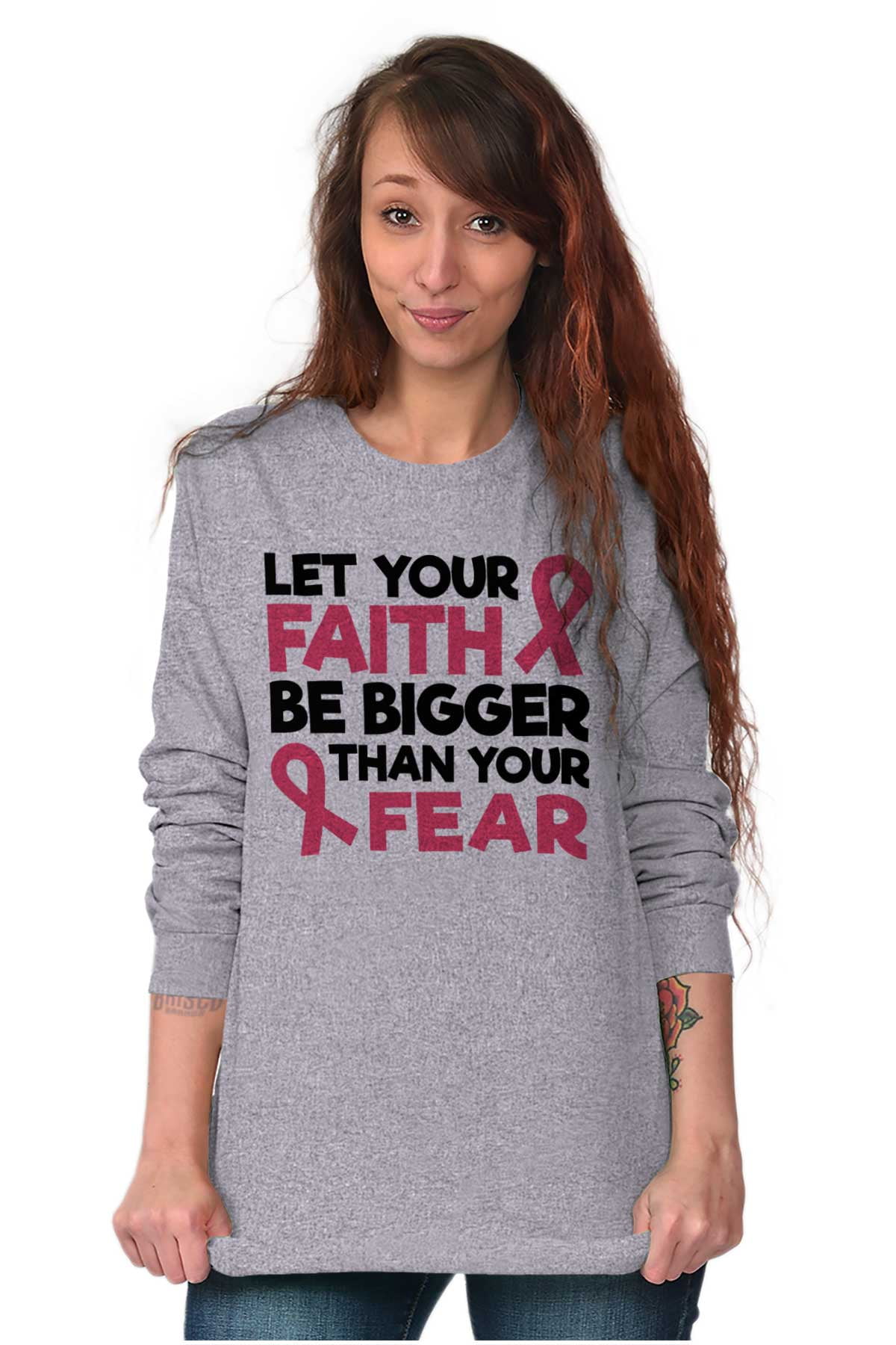 Breast Cancer Faith Bigger Than Fear Women Plus Size Long Sleeve Tee Brisco Brands 3X - Walmart.com