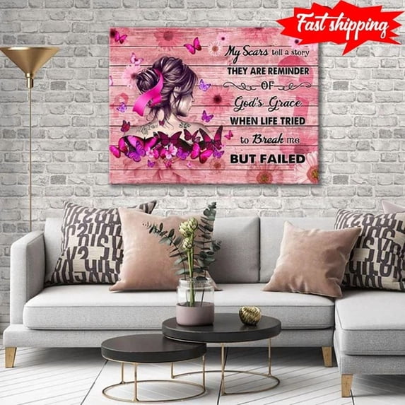 Breast Cancer Girl With Ribbon Butterflies &Amp Flowers My Scars Tell A ...