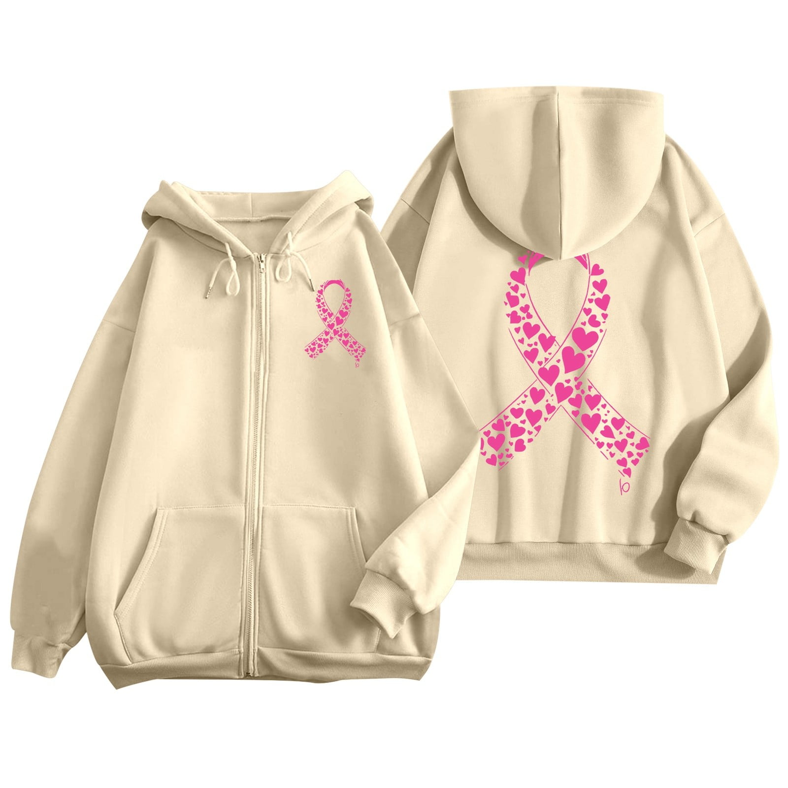 Breast Cancer Hoodies for Women Zip Up Drawstring Cute Pink Ribbon ...