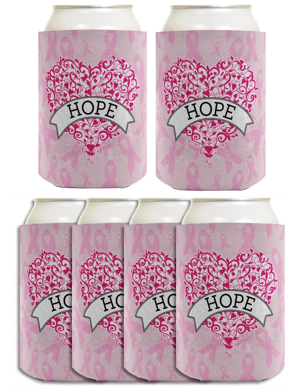 Breast Cancer Hope Pink Heart Awareness Ribbon 6-Pack Can Drink Sleeves ...