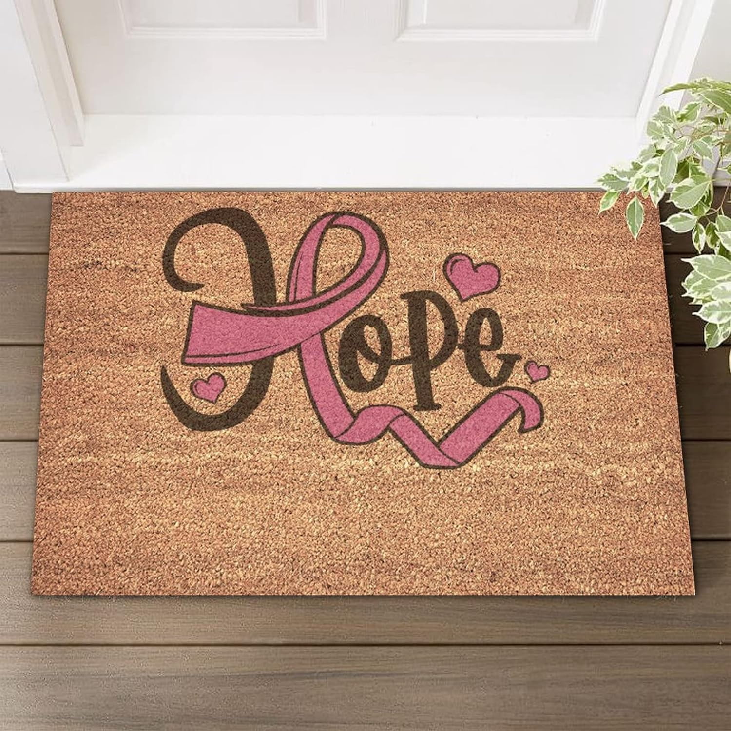 Breast Cancer Hope Pink Ribbon Coir Mat Front Porch Easy to Clean Large ...