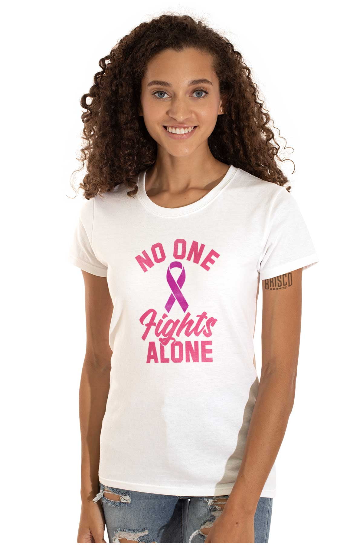 Breast Cancer No One Fights Alone Womens Slim Fit Graphic Tee Brisco ...