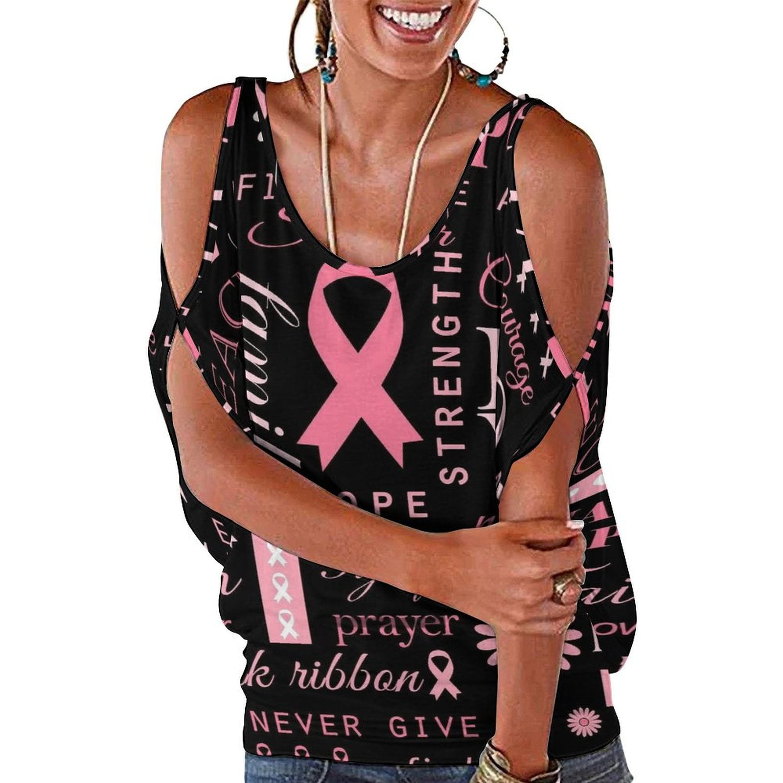 Breast Cancer Pink Ribbon Casual Womens Summer Off The Shoulder Tops T ...