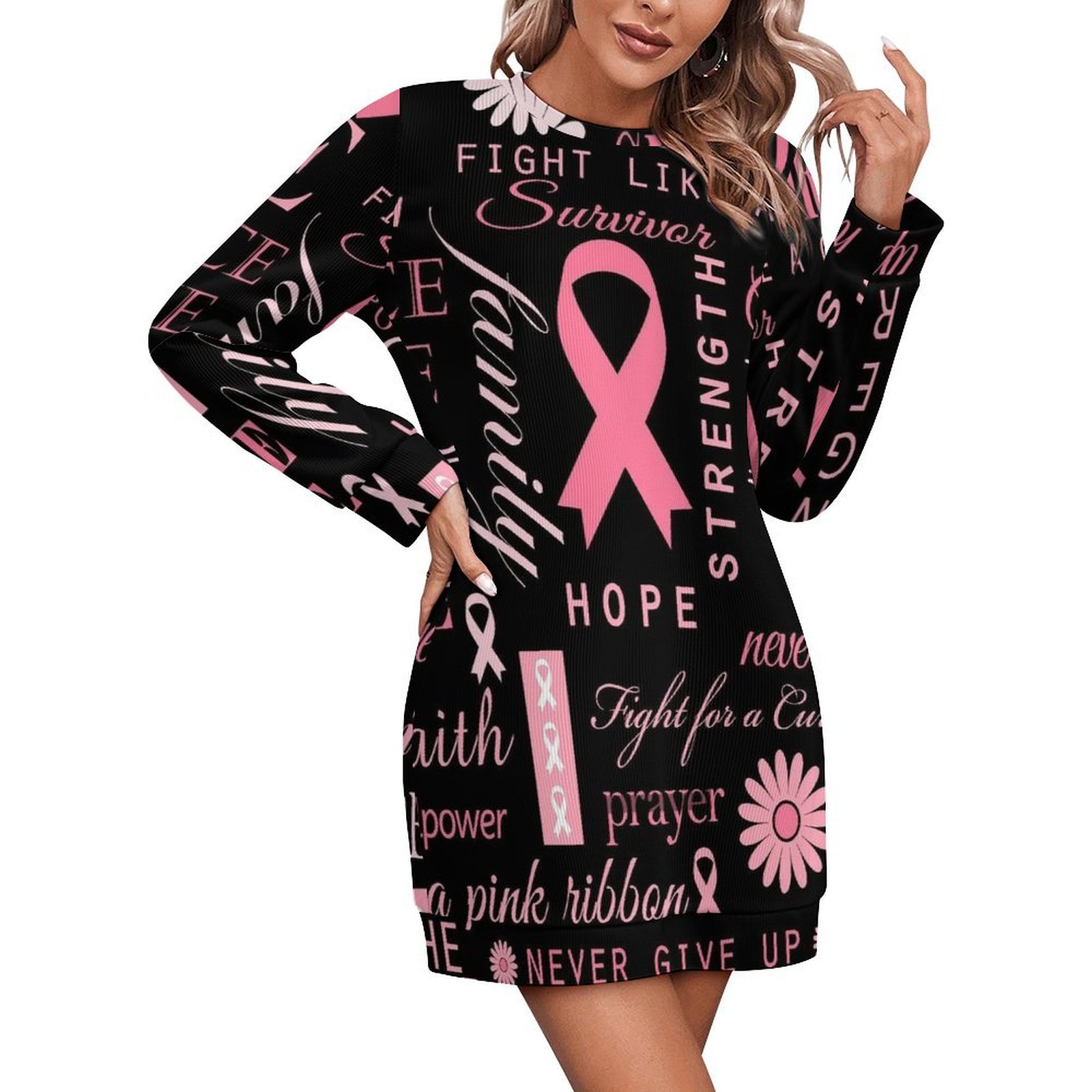 Breast Cancer Pink Ribbon Women Elegant Long Sleeve Warm Dress Autumn ...