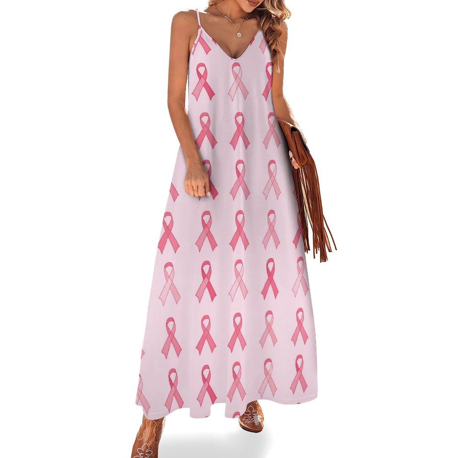 Breast Cancer Ribbon Women's Maxi Dress Spaghetti Strap Bohemian Long ...