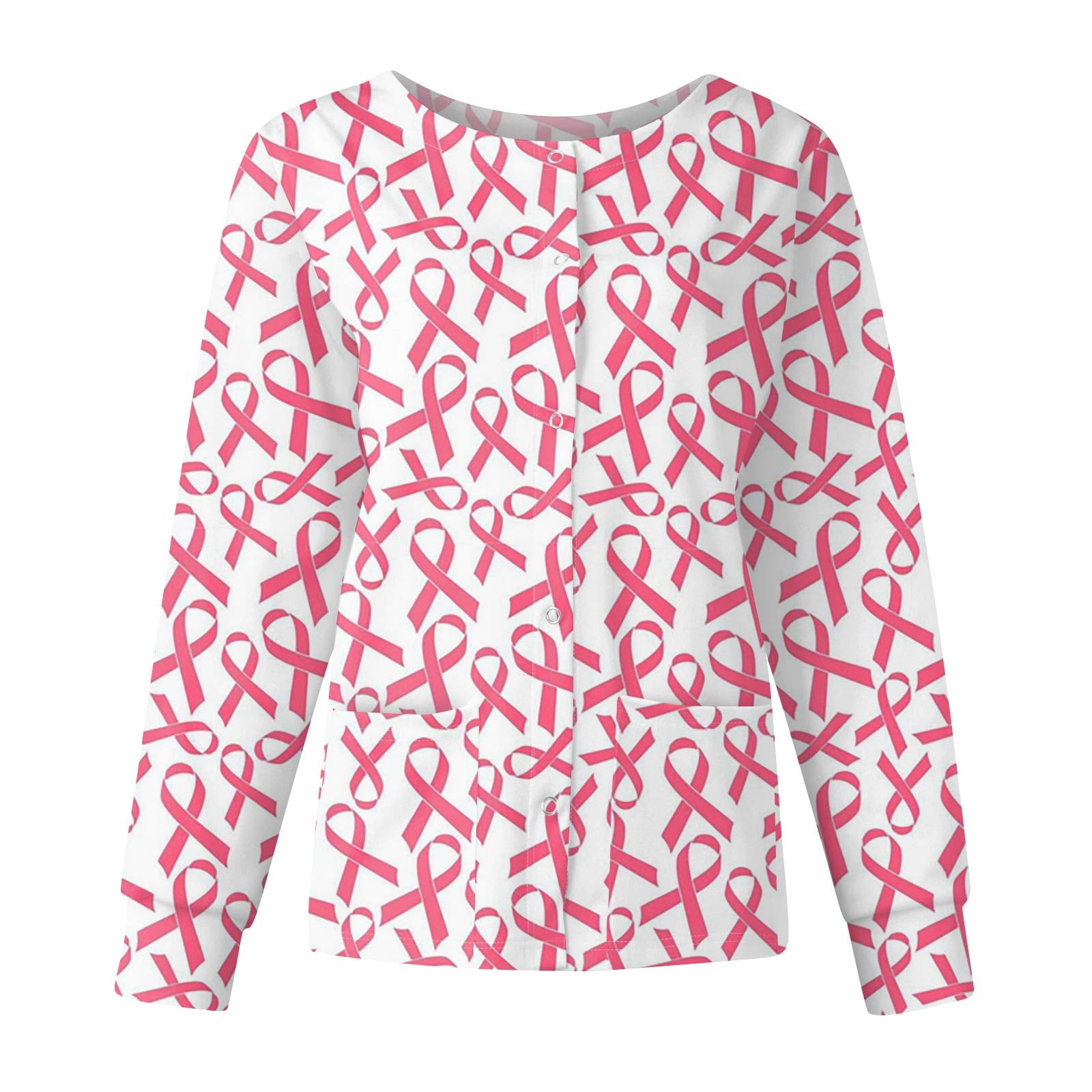 Breast Cancer Scrub Jackets for Women Long Sleeve Pink Ribbon Printed ...