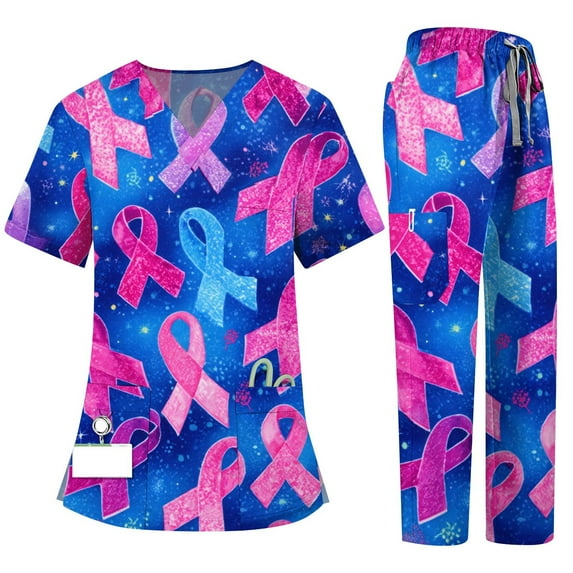 Breast Cancer Scrub Sets for Woman 2025 Fall Fashion Pink Ribbon ...