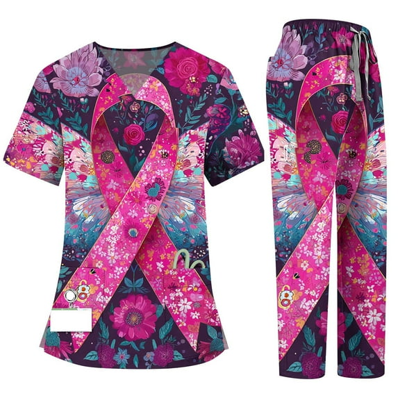 Breast Cancer Scrub Sets for Women Scrubs Top Classic Short Sleeve V ...