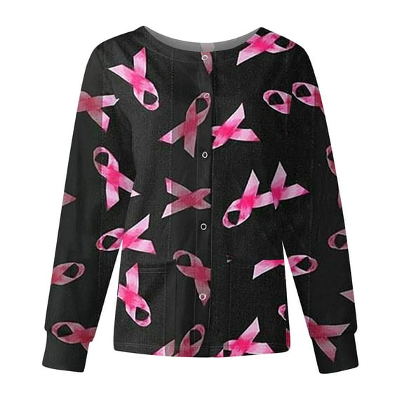 Breast Cancer Scrubs for Women Long Sleeve Pink Ribbon Printed Shirts ...